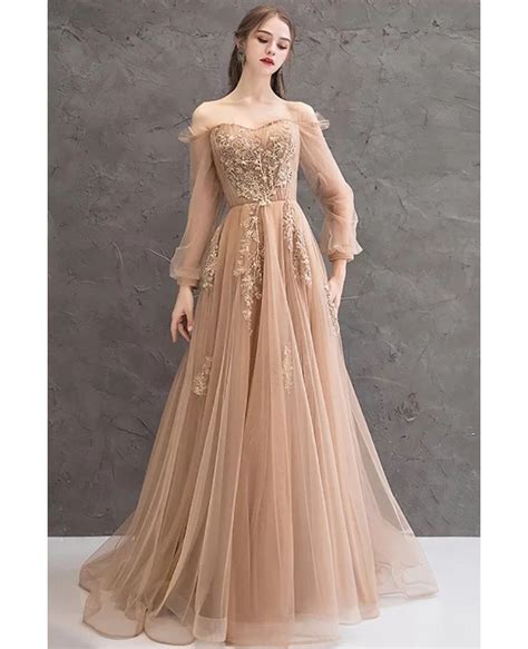 Off Shoulder Long Sleeve Prom Dress Champagne Tulle With Appliques