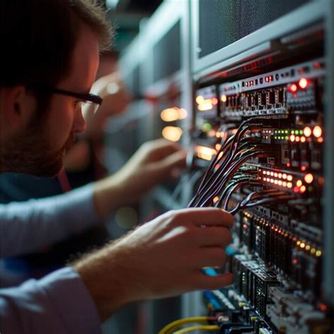 A Team Of It Professionals Configuring Network Hardware In A Server