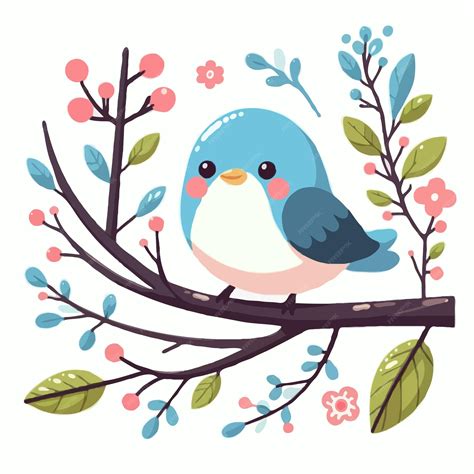 Cute Bird On Brach Tree Cartoon Vector On White Background Premium Ai