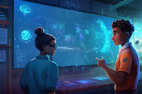 Illustration People Interacting With Futuristic Holographic Screens In
