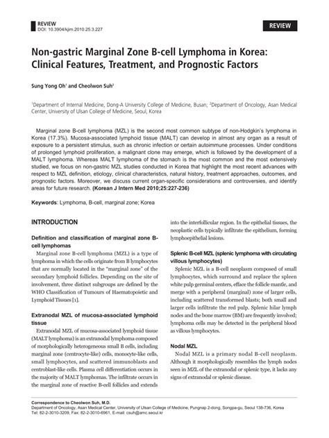 Pdf Non Gastric Marginal Zone B Cell Lymphoma In Korea Clinical