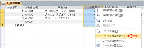Accessテクニック テーブル ： 列を非表示にする