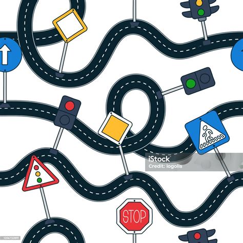 Roadn 및 기호 원활한 벡터 패턴입니다 도로 및 도로 표지판 맨 위 뷰 벡터 그림입니다 비행이있는 교차로 위에서 보기 낙서