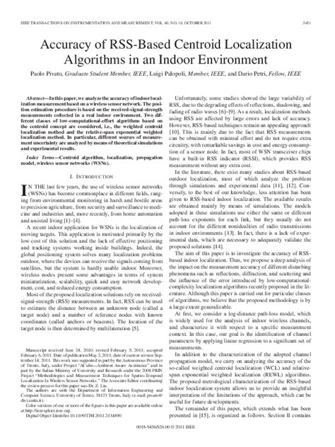 Pdf Accuracy Of Rss Based Centroid Localization Algorithms In An