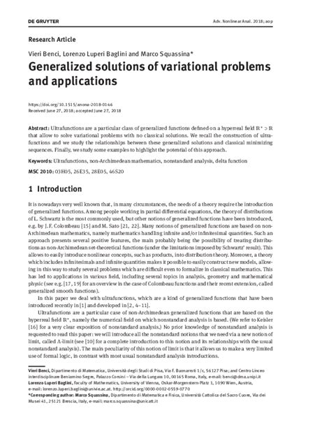 Pdf Generalized Solutions Of Variational Problems And Applications