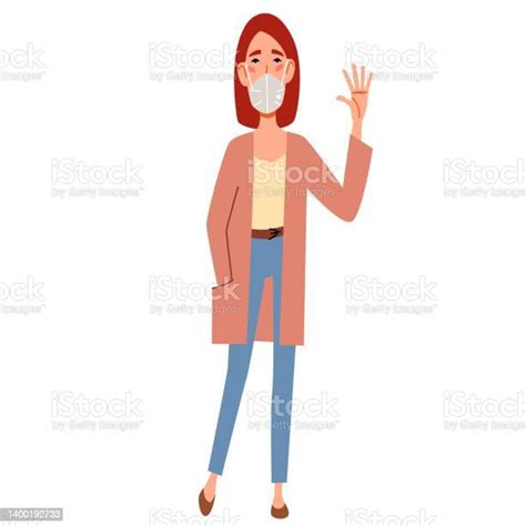 의료용 마스크를 쓴 세련된 마른 소녀가 인사를 나눕니다 젊은 여성의 친절한 인사 가냘픈에 대한 스톡 벡터 아트 및 기타 이미지
