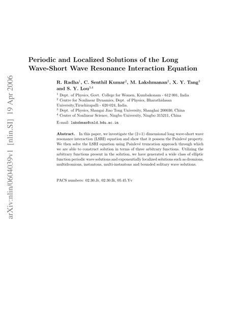 Pdf Periodic And Localized Solutions Of The Long Wave Short Wave