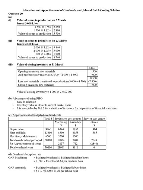 Allocation And Apportionment And Job And Batch Costing Worked Example