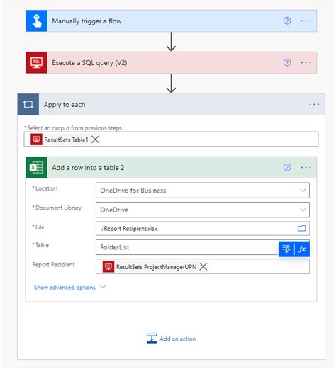 insert rows to excel from execute sql query flow i power platform