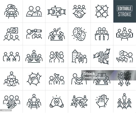 비즈니스 협업 얇은 선 아이콘 편집 가능한 획 아이콘에는 팀워크 비즈니스 사람 동료 비즈니스 회의가 포함됩니다 일함에 대한 스톡 벡터 아트 및 기타 이미지 Istock