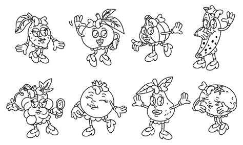 복고풍 그루비 과일 캐릭터 세트입니다 다양한 포즈로 감정을 가진 복고풍 과일 소녀 귀여운 만화 캐릭터가 등장하는 모던한 일러스트 만화책 캐릭터의 손으로 그린 낙서 윤곽