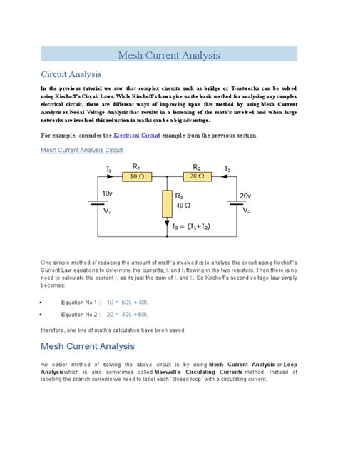 Mesh Current Analysis Electrical Network Matrix Mathematics