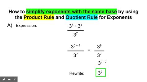 Simplify Exponents With The Same Base Product And Quotient Rule Youtube