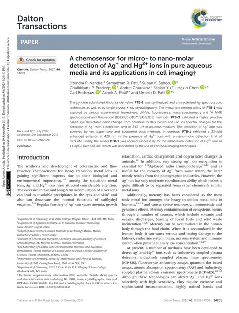 Pdf Chemosensor For Micro To Nano Molar Detection Of Ag And Hg2 Ions In Pure Aqueous Media