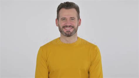 Attractive Middle Aged Man Smiling At Camera White Background Stock