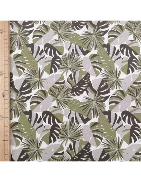 Tissu Ameublement Coton Cretonne Feuilles Palme Kaki Gris Biarritz