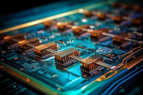 Electronic Circuit Board Close Up Microcircuit In Green Illuminated