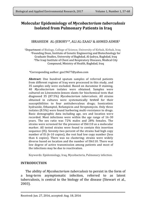 Pdf Molecular Epidemiology Of Mycobacterium Tuberculosis Isolated From Pulmonary Patients In Iraq