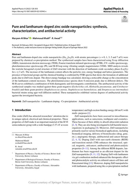 Pure And Lanthanum Doped Zinc Oxide Nanoparticles Synthesis Characterization And