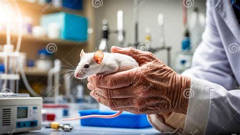 A Scientist Gently Holding A White Mouse In A Laboratory Setting With Medical Instruments In