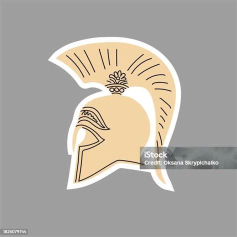 고립된 스파르타 투구 군인의 머리를 보호하는 로마 투구 고대 군사 갑옷 스티커입니다 선이 있는 베이지색 요소 플랫 스타일 손으로 그렸습니다 벡터 일러스트 레이 션입니다 고대