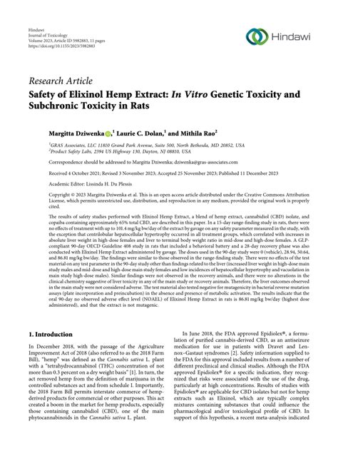 Pdf Safety Of Elixinol Hemp Extract In Vitro Genetic Toxicity And Subchronic Toxicity In Rats