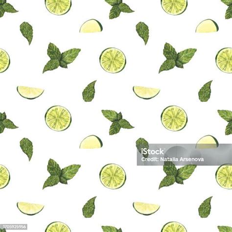 수채화 무늬 민트 잎과 라임 손으로 그린 그림은 흰색 배경에 분리되어 있습니다 패브릭 인쇄 라벨 배너 메뉴 전단지 브로셔 템플릿에 대한 개념 꼭대기에 대한 스톡 벡터 아트