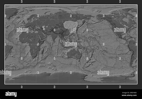 Amur Tectonic Plate On The Bilevel Elevation Map In The Compact Miller Projection Centered