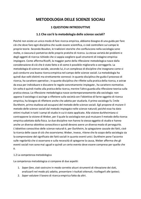 Riassunto Completo Metodologia Delle Scienze Sociali Di Cinzia