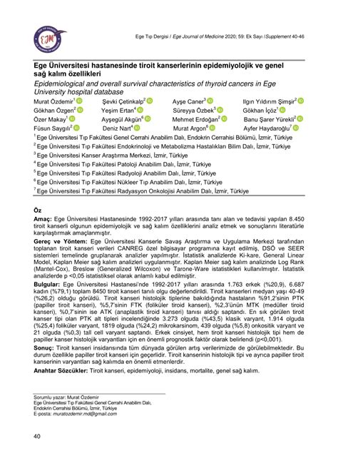 Pdf Ege Üniversitesi Hastanesinde Tiroit Kanserlerinin Epidemiyolojik