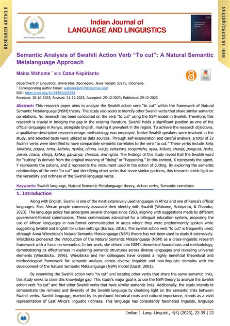 Pdf Semantic Analysis Of Swahili Action Verb To Cut A Natural