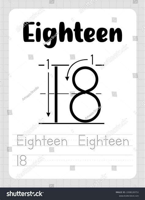 Number Eighteen Tracing Worksheet Kids Learn Vector có sẵn miễn phí