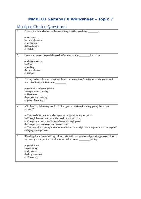 Mmk101 T1 2019 Seminar 8 Worksheet Mmk101 Seminar 8 Worksheet Topic