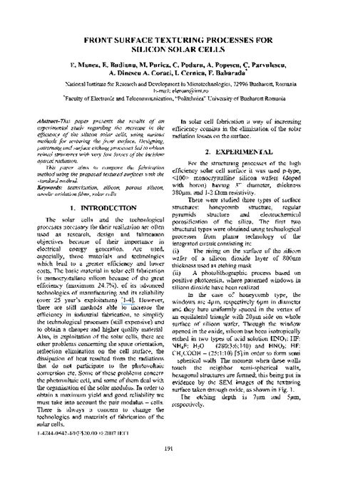 Pdf Front Surface Texturing Processes For Silicon Solar Cells
