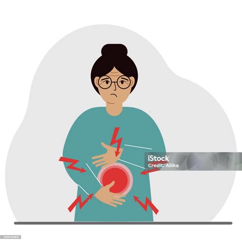 복부의 내장 위 또는 볼트에 문제가 있습니다 한 여자가 고통의 장소 근처에서 뱃속에 손을 얹고 있습니다 디자인에 대한 스톡 벡터