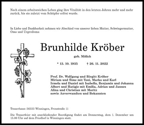 Traueranzeigen von Brunhilde Kröber rz trauer de