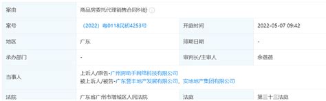广州房助手网络科技状告实地地产等案由系商品房委托代理销售合同纠纷 持股 集团 广东