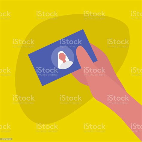 젊은 백인 여성 캐릭터의 초상화와 명함을 들고 손 여기에 텍스트 템플릿 평면 편집 가능한 벡터 일러스트 레이 션 클립 아트