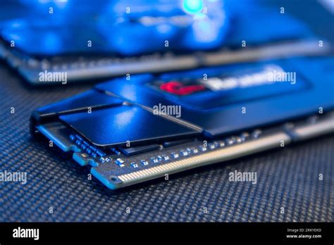 ddr4 dram memory modules in blue light computer ram chipset close up