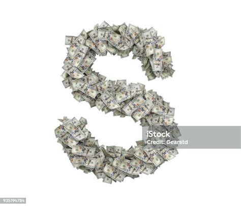 흰색 배경에 달러 지폐의 만든 큰 고립 된 편지 S의 3d 렌더링 0명에 대한 스톡 사진 및 기타 이미지 0명 100
