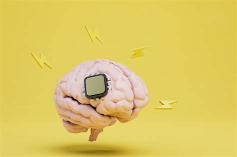 뇌에서 작동하는 마이크로 칩 노란색 배경에 번개가 치는 칩이있는 두뇌 3d 렌더링 Cpu에 대한 스톡 사진 및 기타 이미지