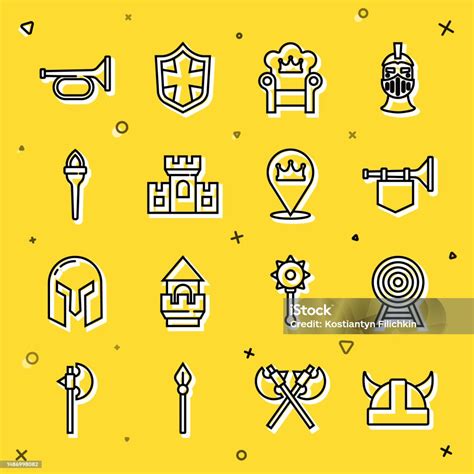 뿔 달린 헬멧을 쓴 바이킹 화살이 있는 표적 트럼펫 깃발 중세 왕좌 성 요새 횃불 불꽃 및 위치 왕관 아이콘을 설정하십시오 벡터