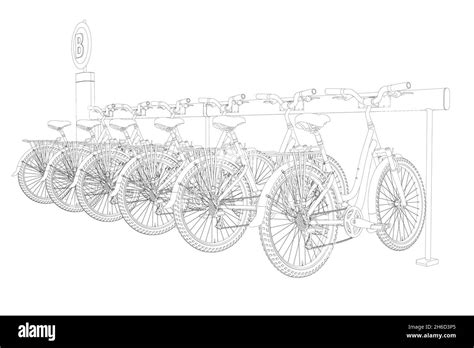 Bicycle Parking Contour From Black Lines Isolated On White Background
