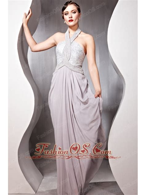 Gray Empire Halter Floor Length Chiffon Beading Prom Dress 13015