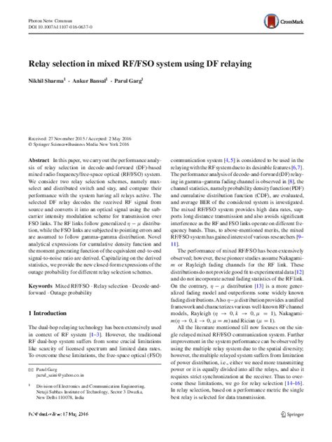 Pdf Relay Selection In Mixed Rf Fso System Using Df Relaying Nikhil