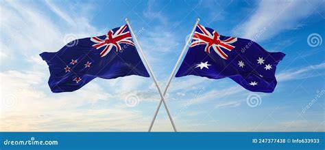 Duas Bandeiras Cruzadas Nova Zel Ndia E Austr Lia Acenando Com Vento No C U Nublado Conceito De