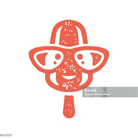 귀여운 여름 캐릭터 웃는 아이스크림 나무 막대기 착용 패션 선글라스 빨간 그런 지 질감 가공의 인물에 대한 스톡 벡터 아트 및