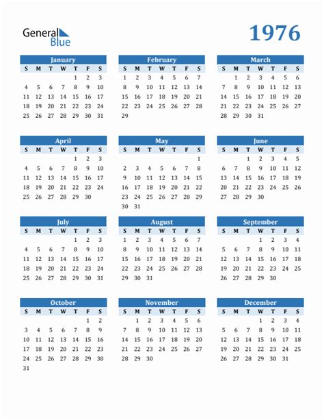 1976 Yearly Calendar