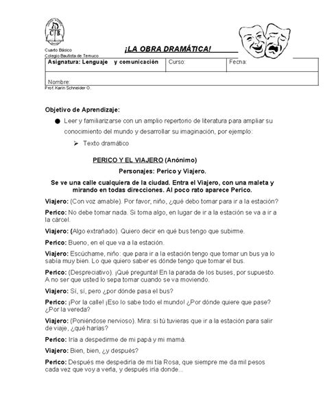 Guía De La Obra Dramática Perico Y El Viajero Cuarto Básico Studocu
