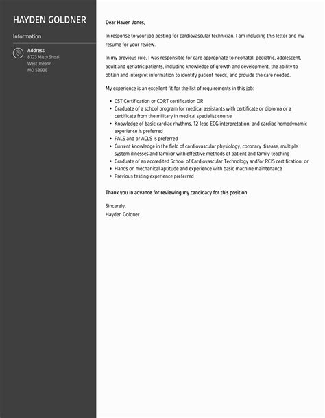 Cardiovascular Technician Cover Letter Velvet Jobs